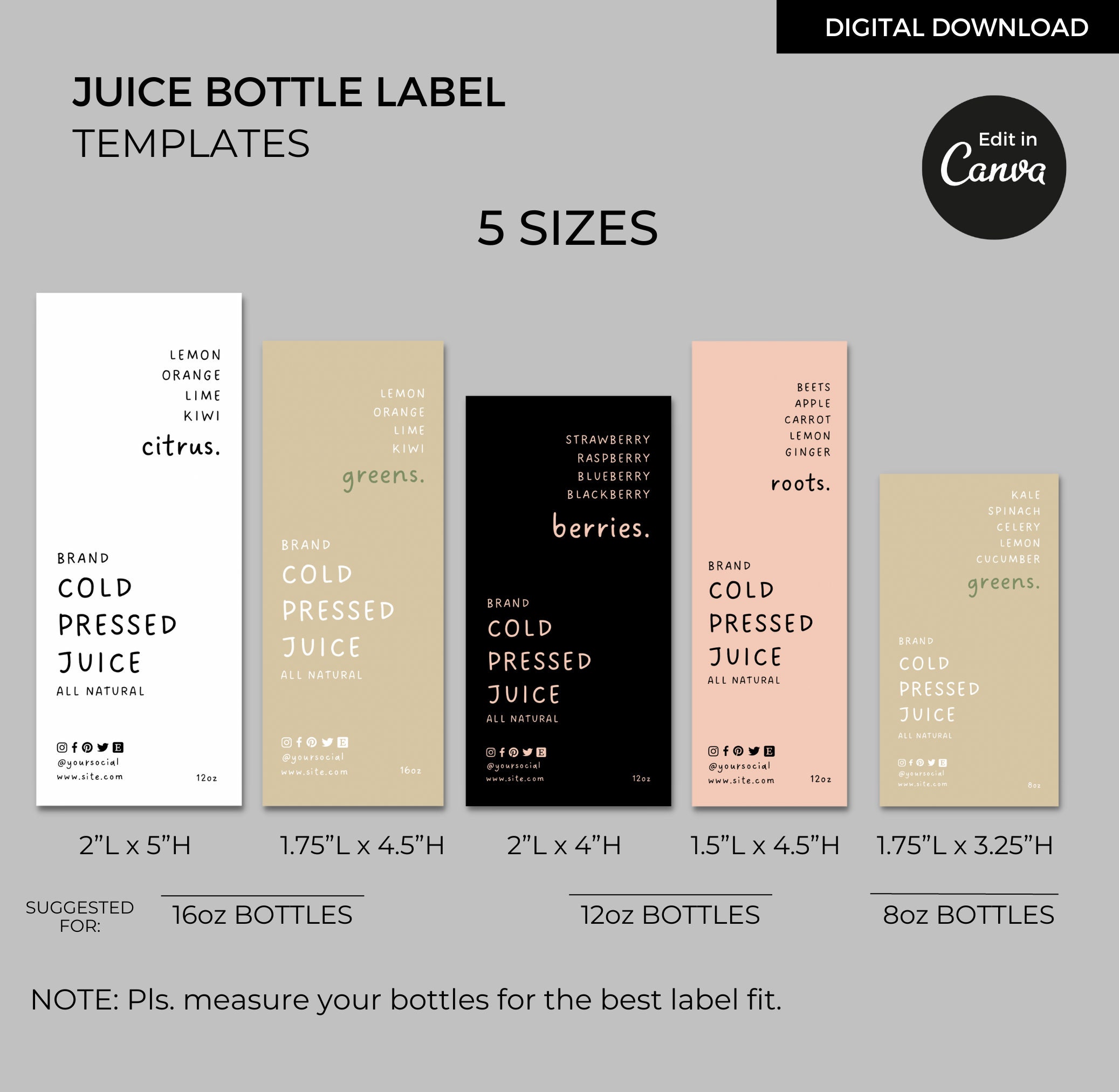 Editable Fruit Juice Bottle Labels Template Canva, Fresh Juice Label ...