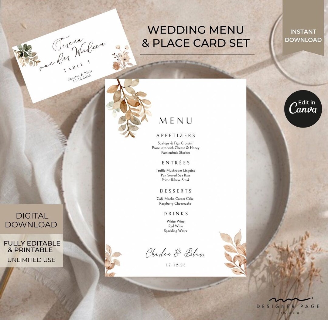Editable Wedding Menu Cards Template Canva Printable Wedding - Etsy