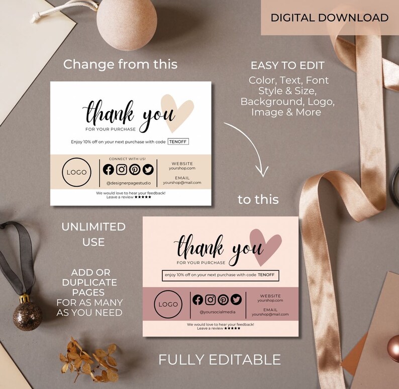 Thank You Cards Template Editable Canva Printable Business - Etsy