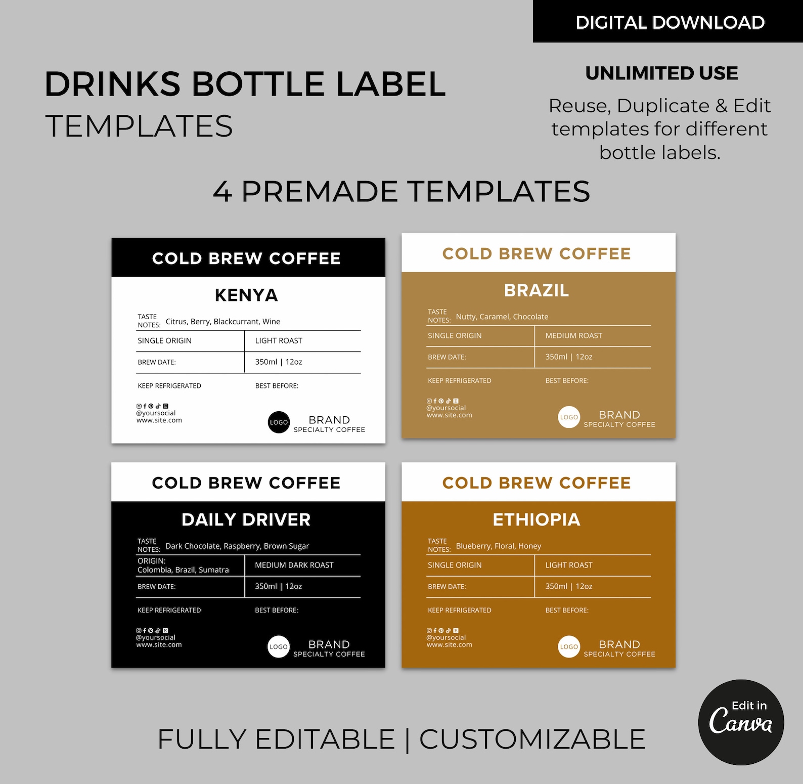 Cold Brew Coffee Bottle Labels Template Editable Canva, Juice Label ...