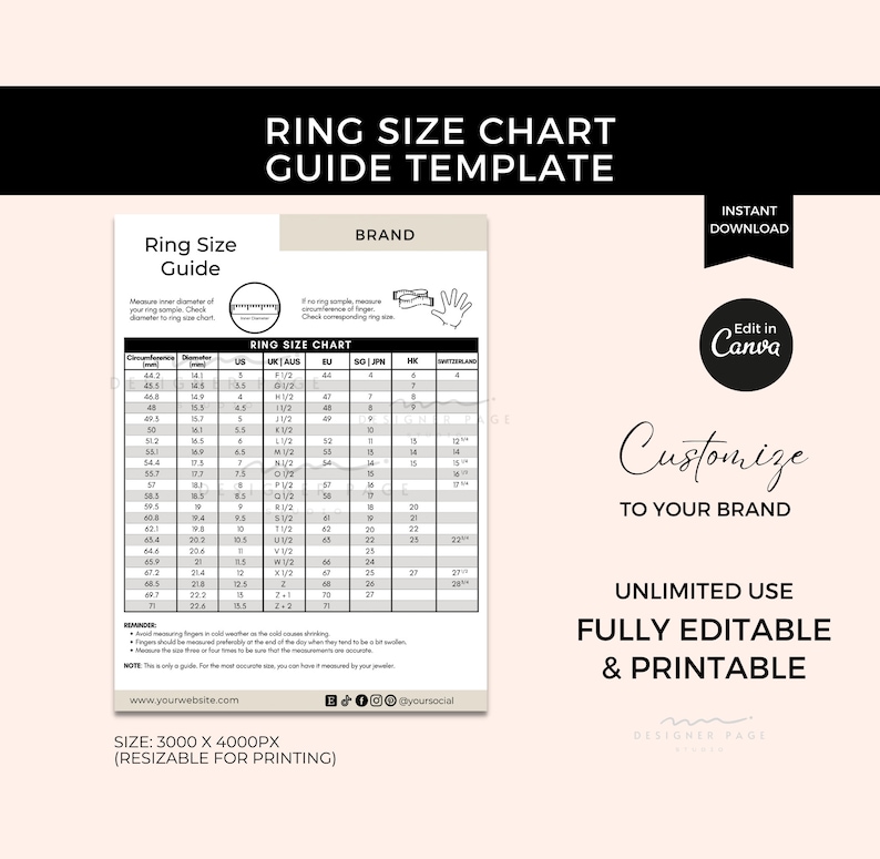 Editable Ring Size Chart Template Canva, Custom Ring Sizing Guide, Ring ...