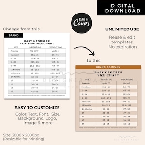 Editable Baby Toddler Clothes Size Chart Template Canva, Kids Clothing ...