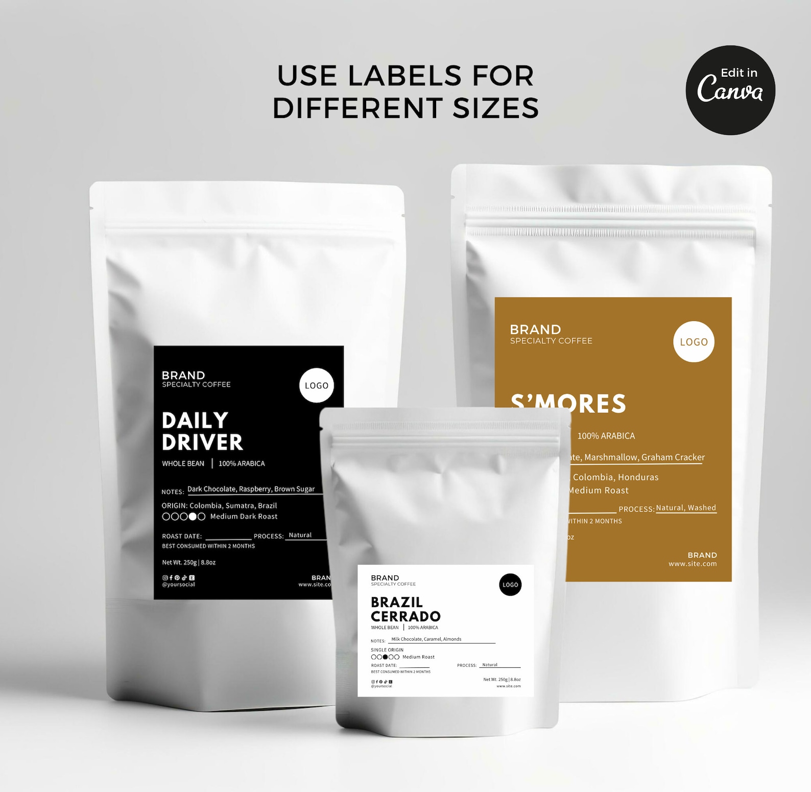 Editable Coffee Bag Labels Template Canva, Coffee Beans Pouch Label ...