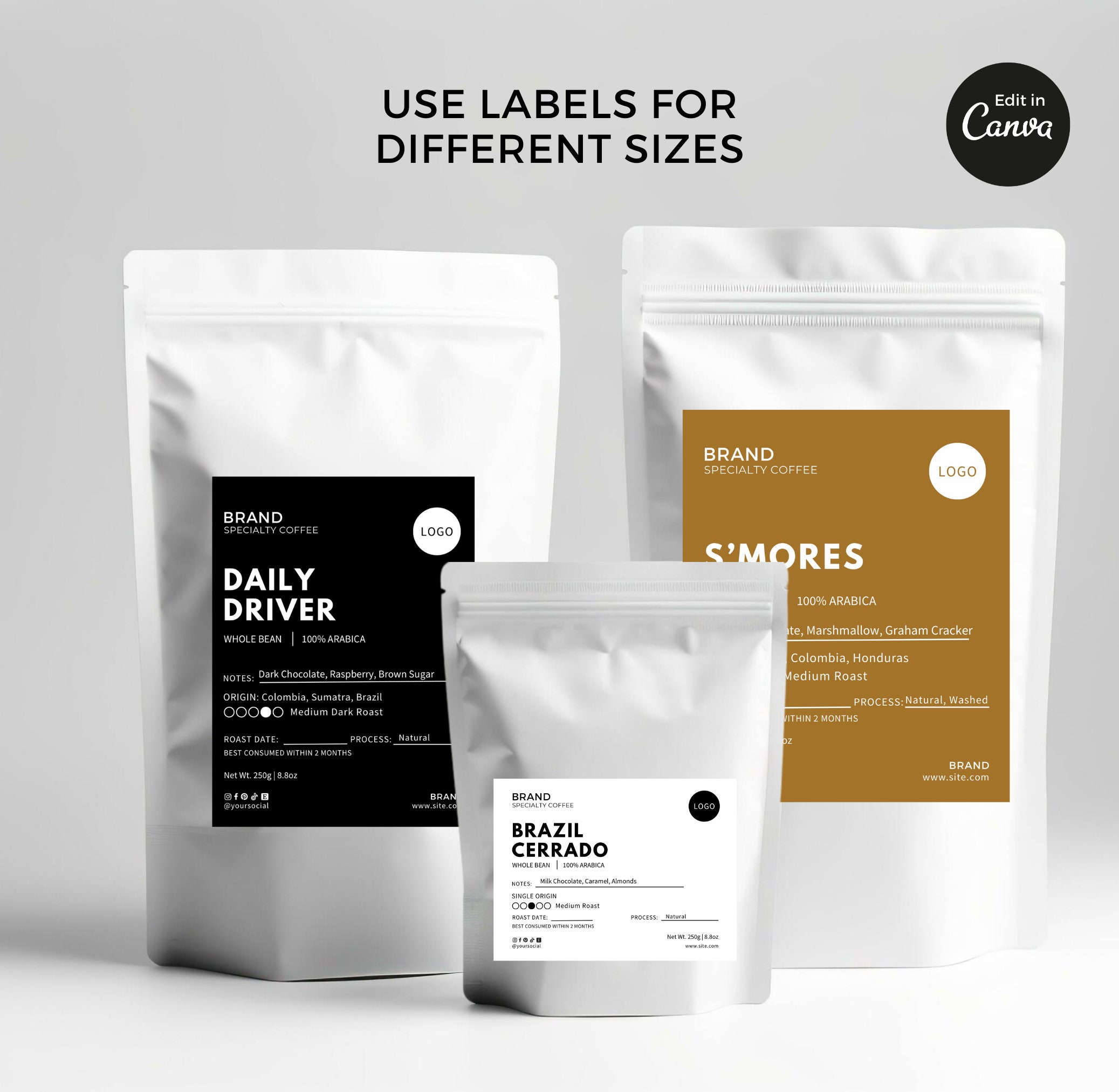Editable Coffee Bag Labels Template Canva, Coffee Beans Pouch Label ...