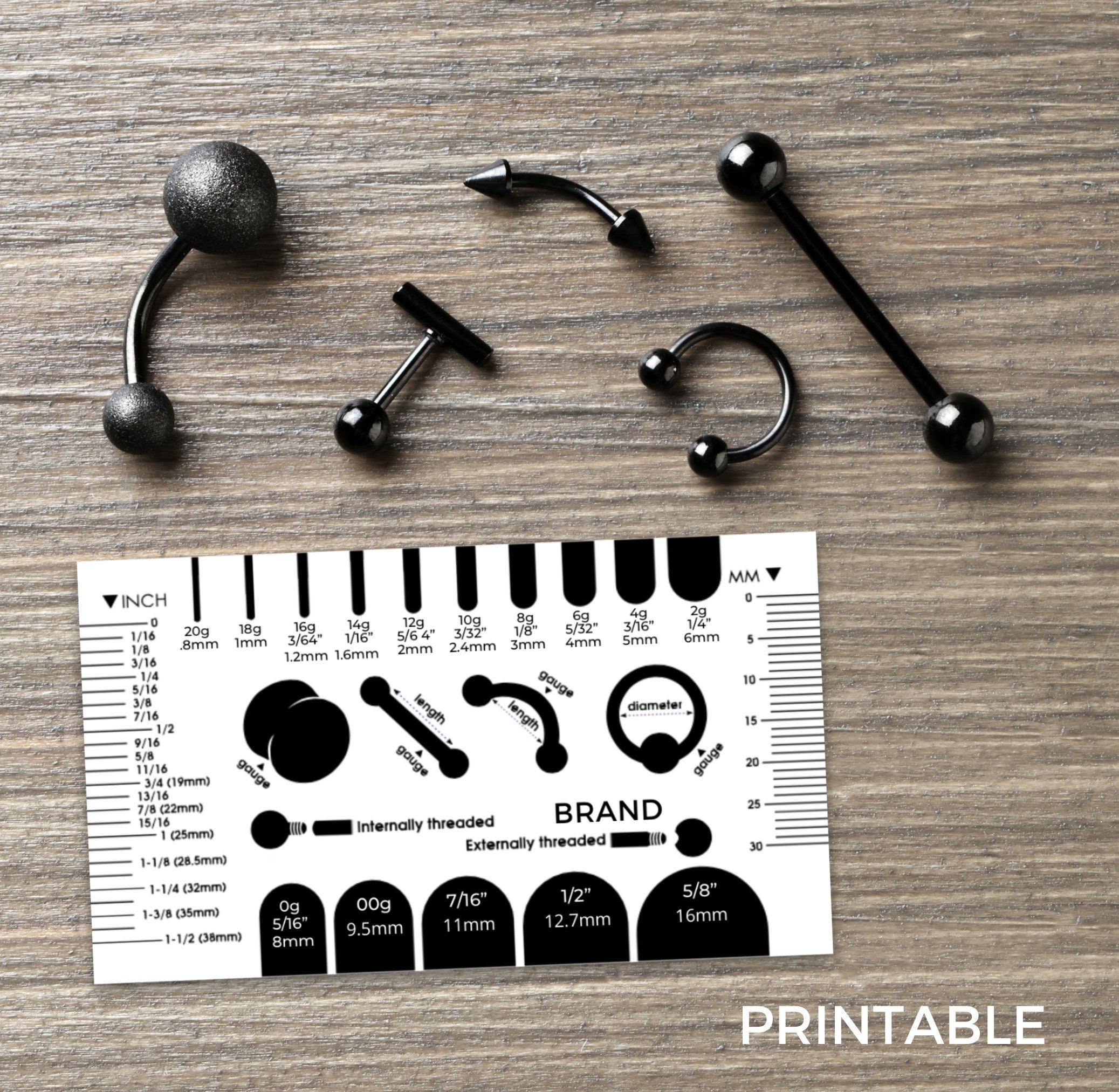 Editable Body Jewelry Piercing Gauge Measurement Card Template Canva ...