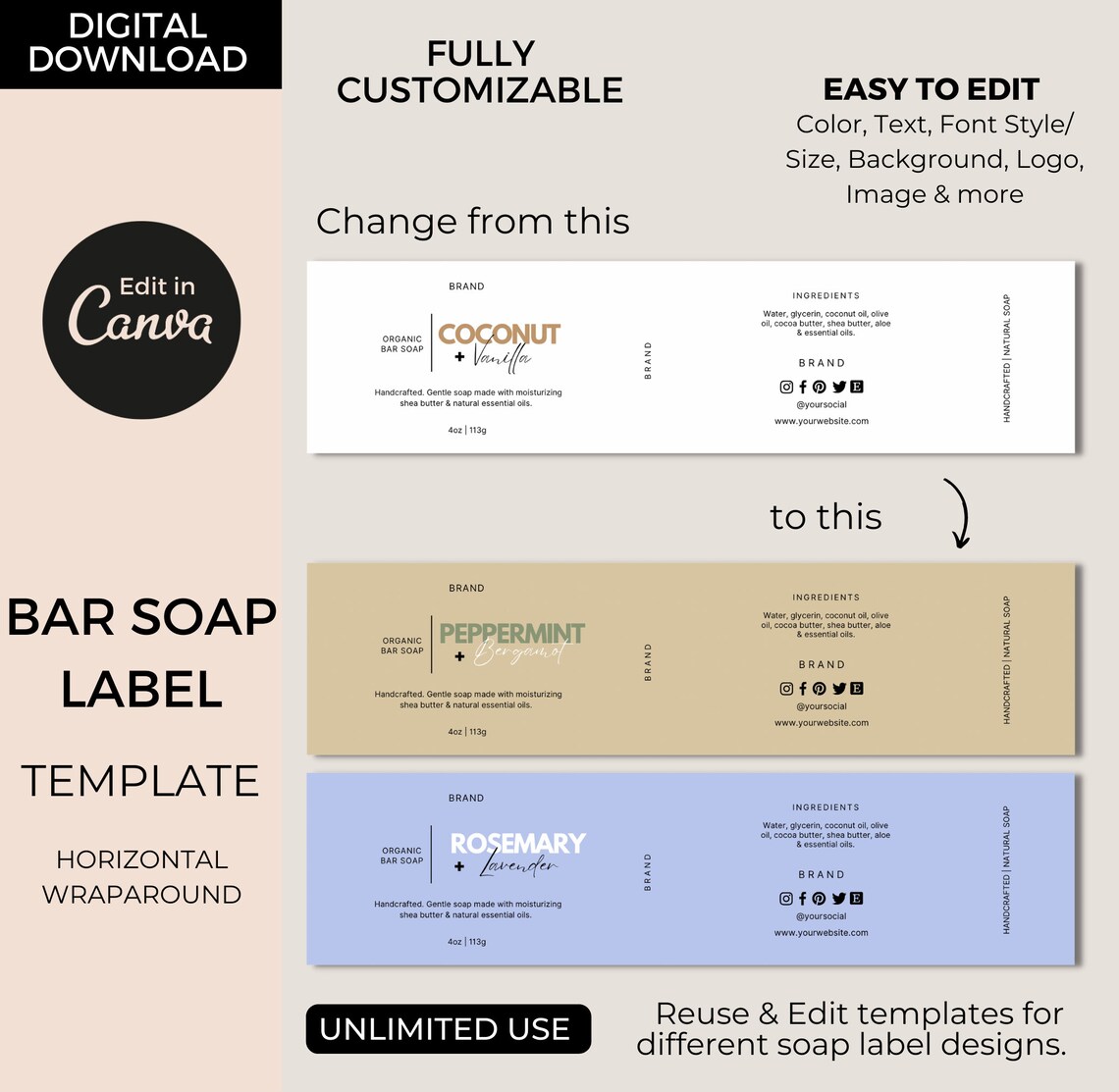 Bar Soap Labels Template Editable Soap Sleeves Label - Etsy