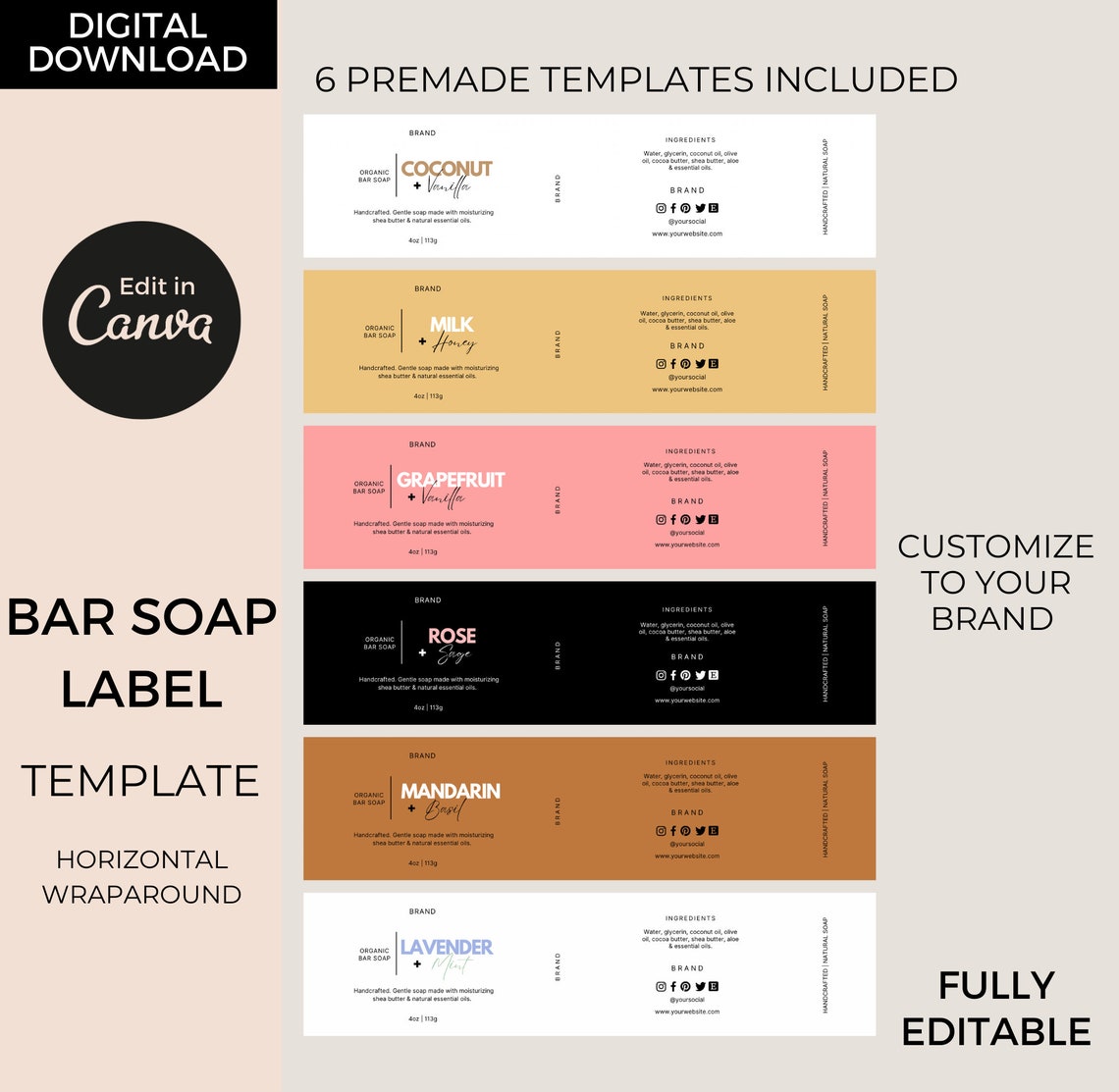 Bar Soap Labels Template Editable Soap Sleeves Label - Etsy