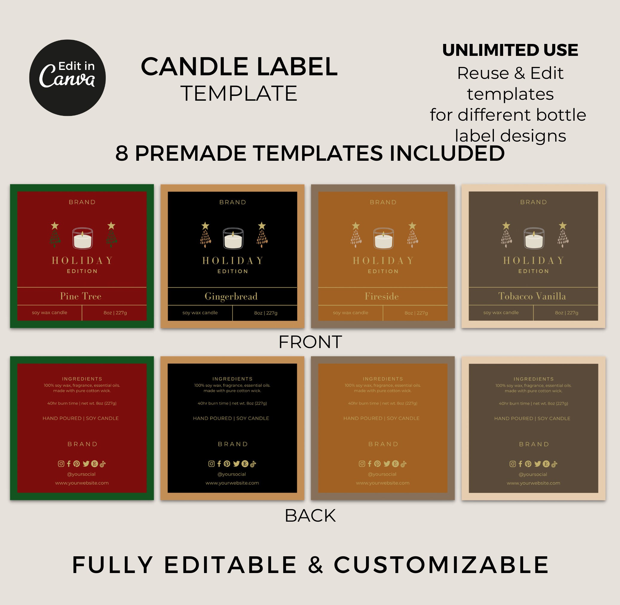 Christmas Candle Labels Template Editable, Scented Soy Candle Labels ...