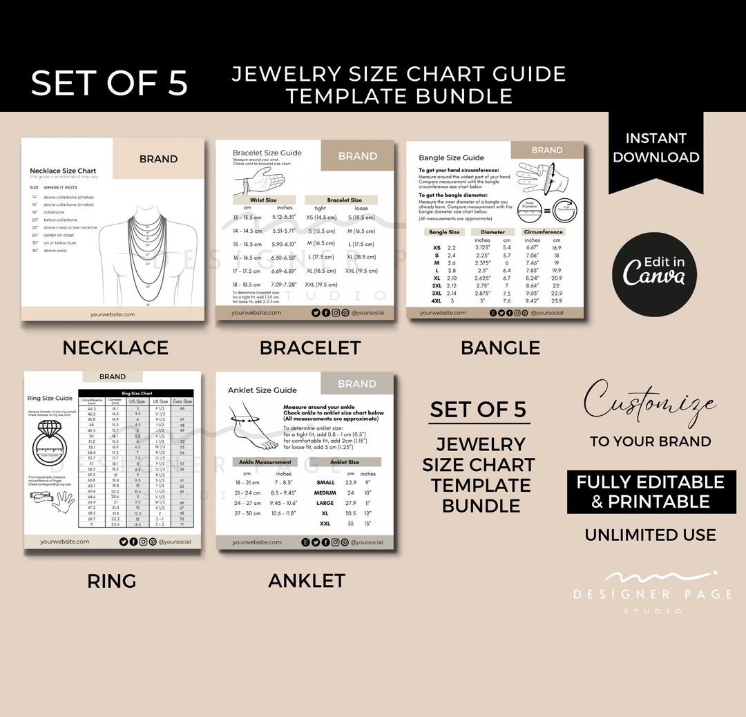 Necklace Size Chart Template Canva, Editable Jewelry Size Guide Set ...