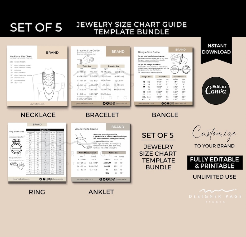 Necklace Size Chart Template Canva, Editable Jewelry Size Guide Set ...
