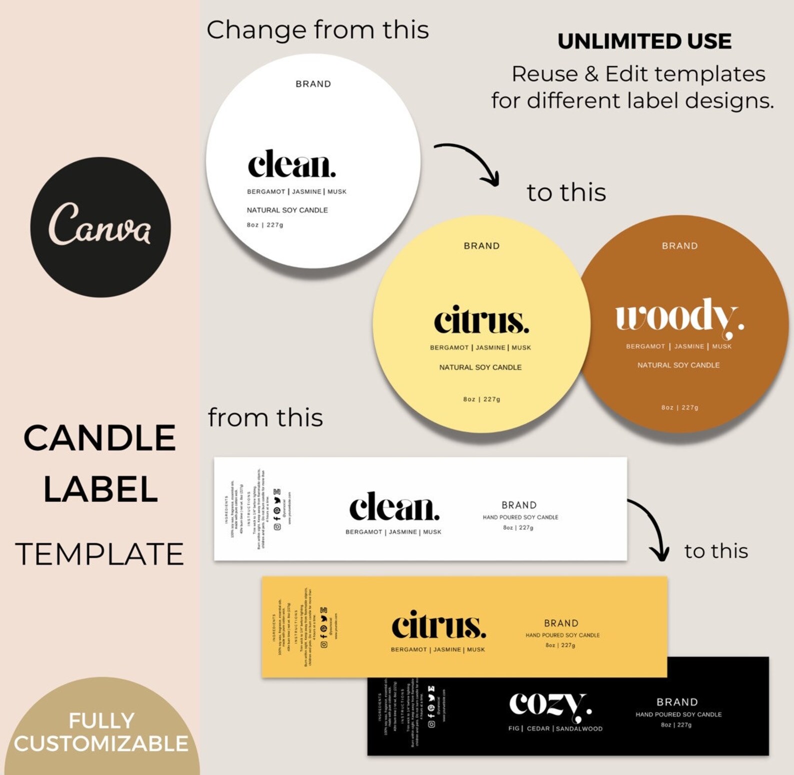 Candle Label Template Round Editable, Modern Candle Labels Stickers ...