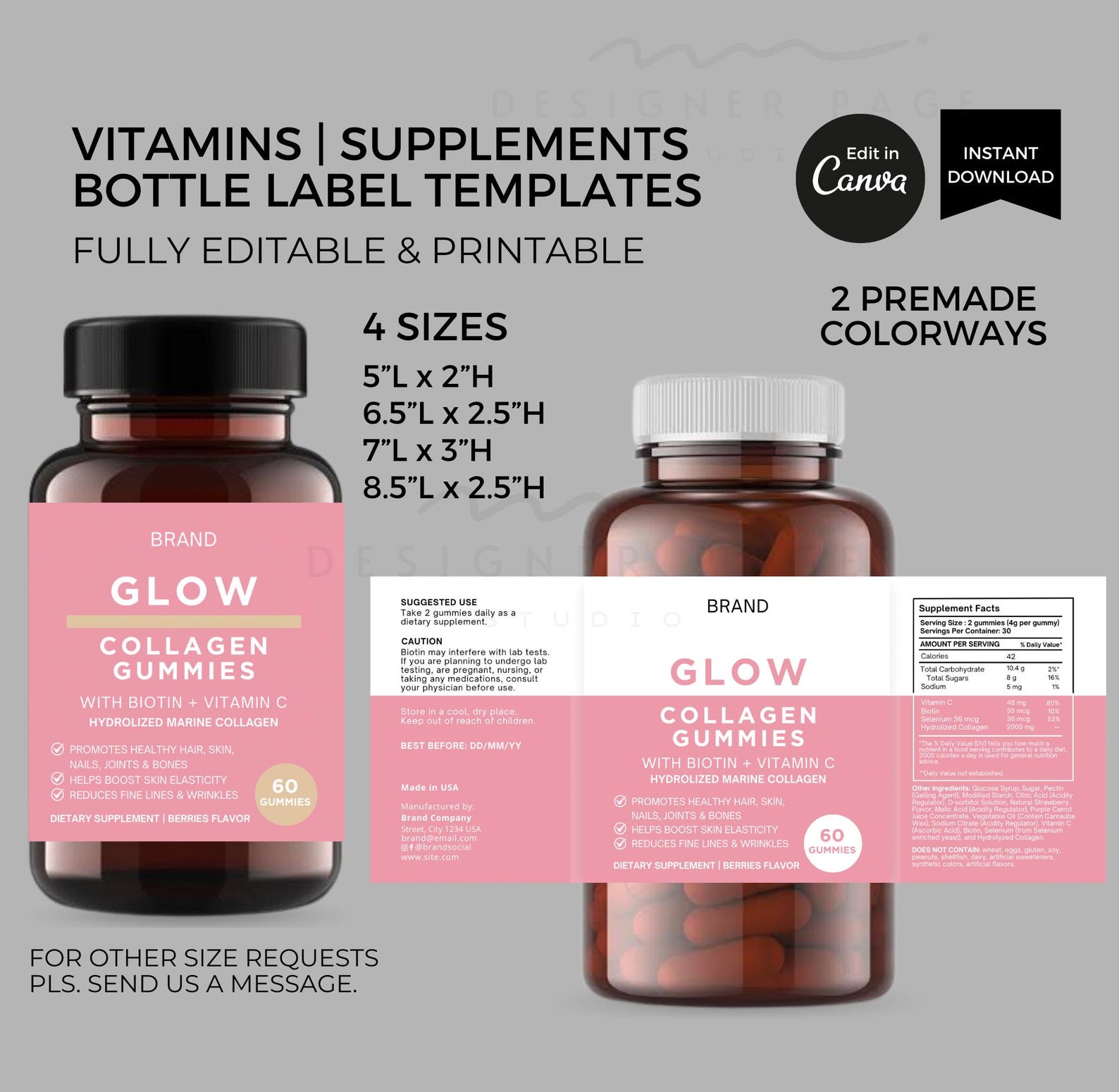 Collagen Supplements Bottle Labels Template Canva Editable, Printable ...