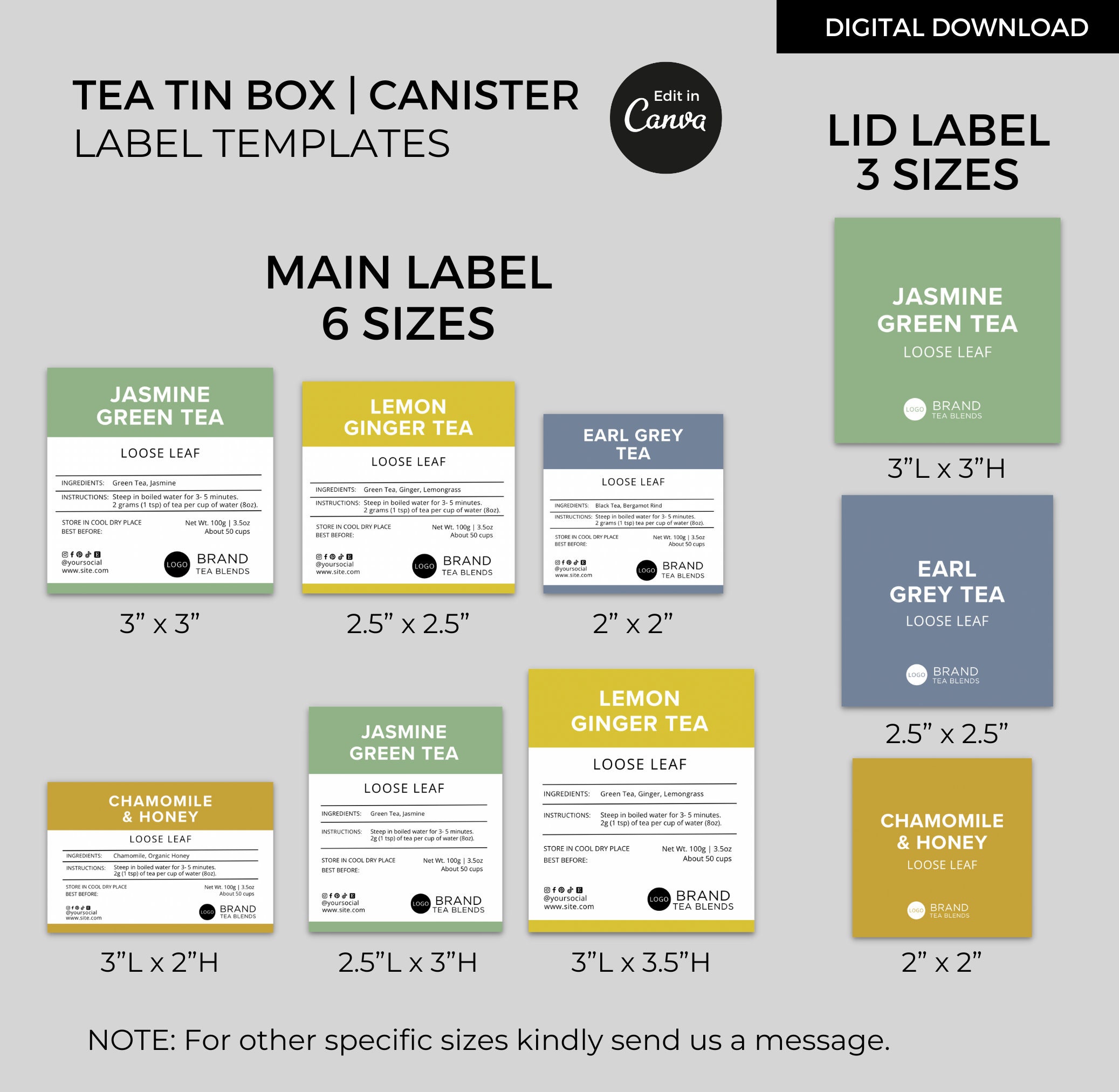 Tea Tin Can Labels Template Editable Canva, Tea Canister Label Stickers ...