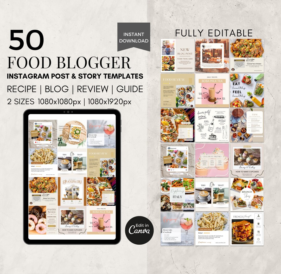 Food Instagram Post Templates Canva, Editable Recipe Templates Set ...