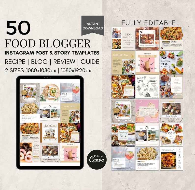 Food Instagram Post Templates Canva, Editable Recipe Templates Set ...