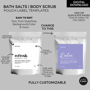 Bath Salts Pouch Label Template Editable Canva, Printable Body Scrub ...