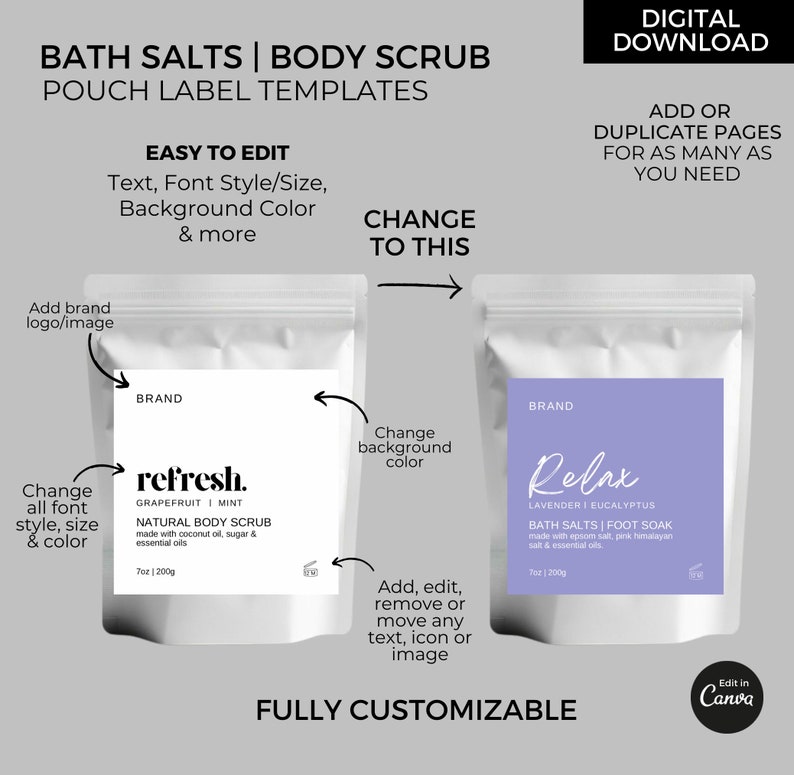 Bath Salts Pouch Label Template Editable Canva, Printable Body Scrub ...