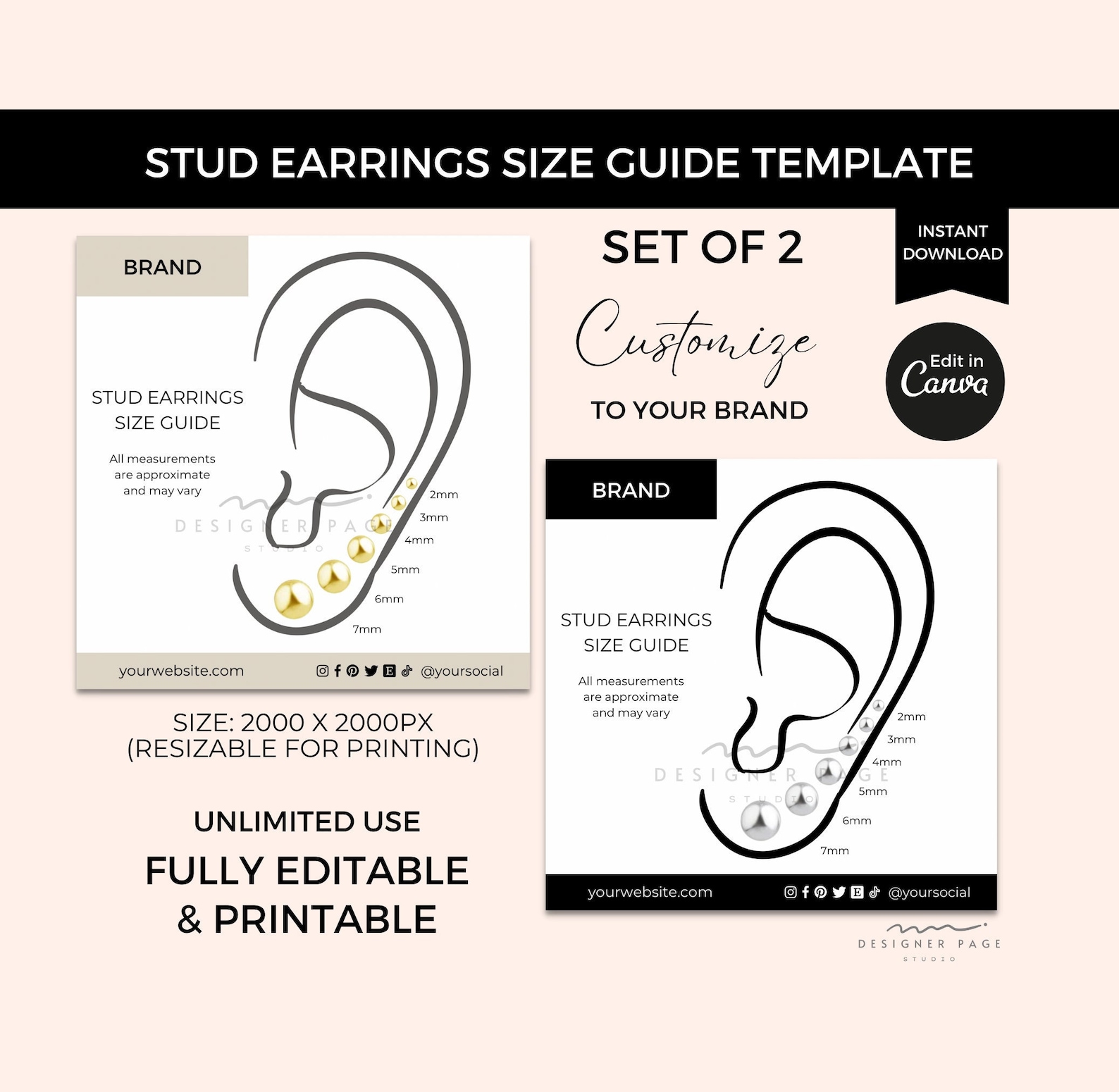 Editable Stud Earrings Size Guide Template Canva, Printable Earrings ...