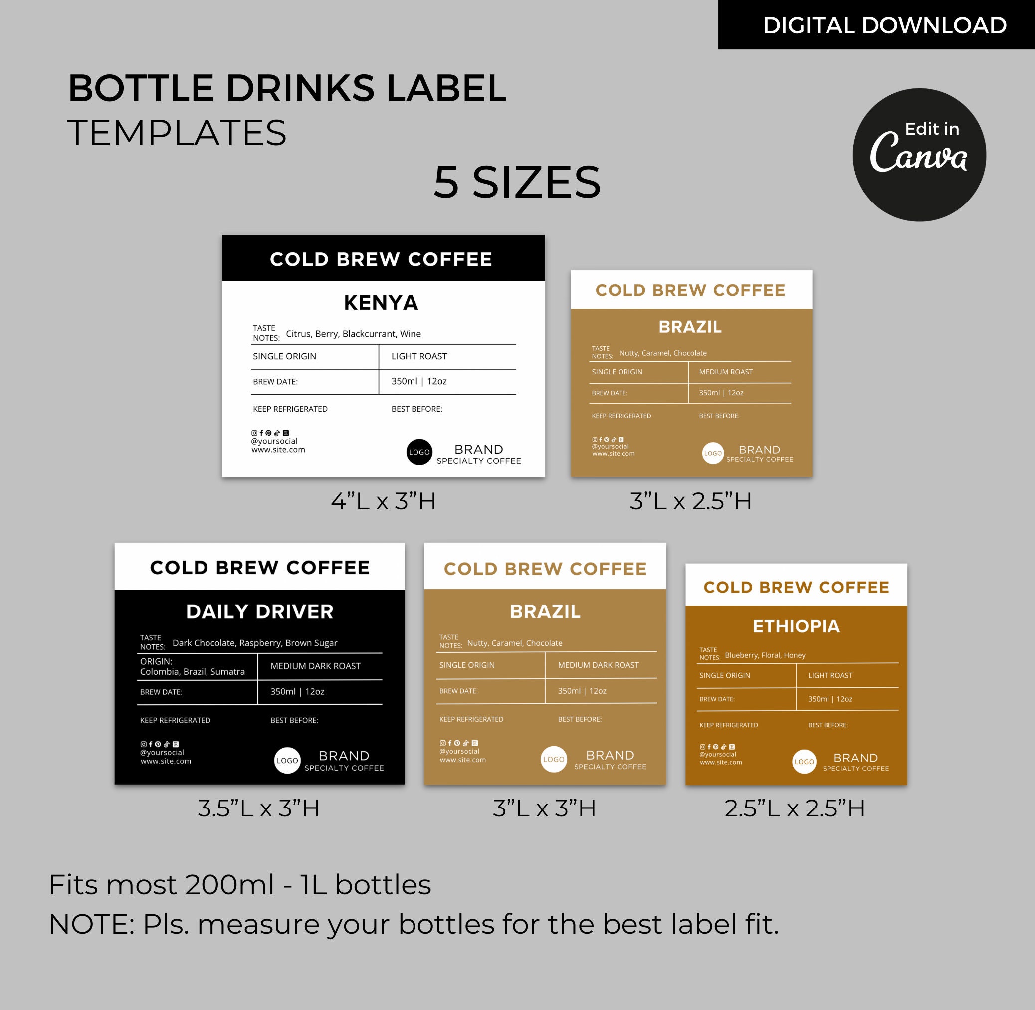 Cold Brew Coffee Bottle Labels Template Editable Canva, Juice Label ...