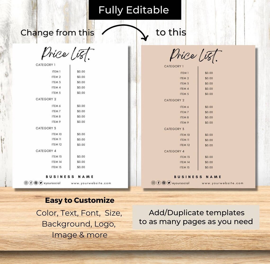 Price List Template Editable, Printable Payment Sign Card Set, Price ...