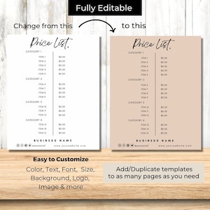 Price List Template Editable, Printable Payment Sign Card Set, Price ...