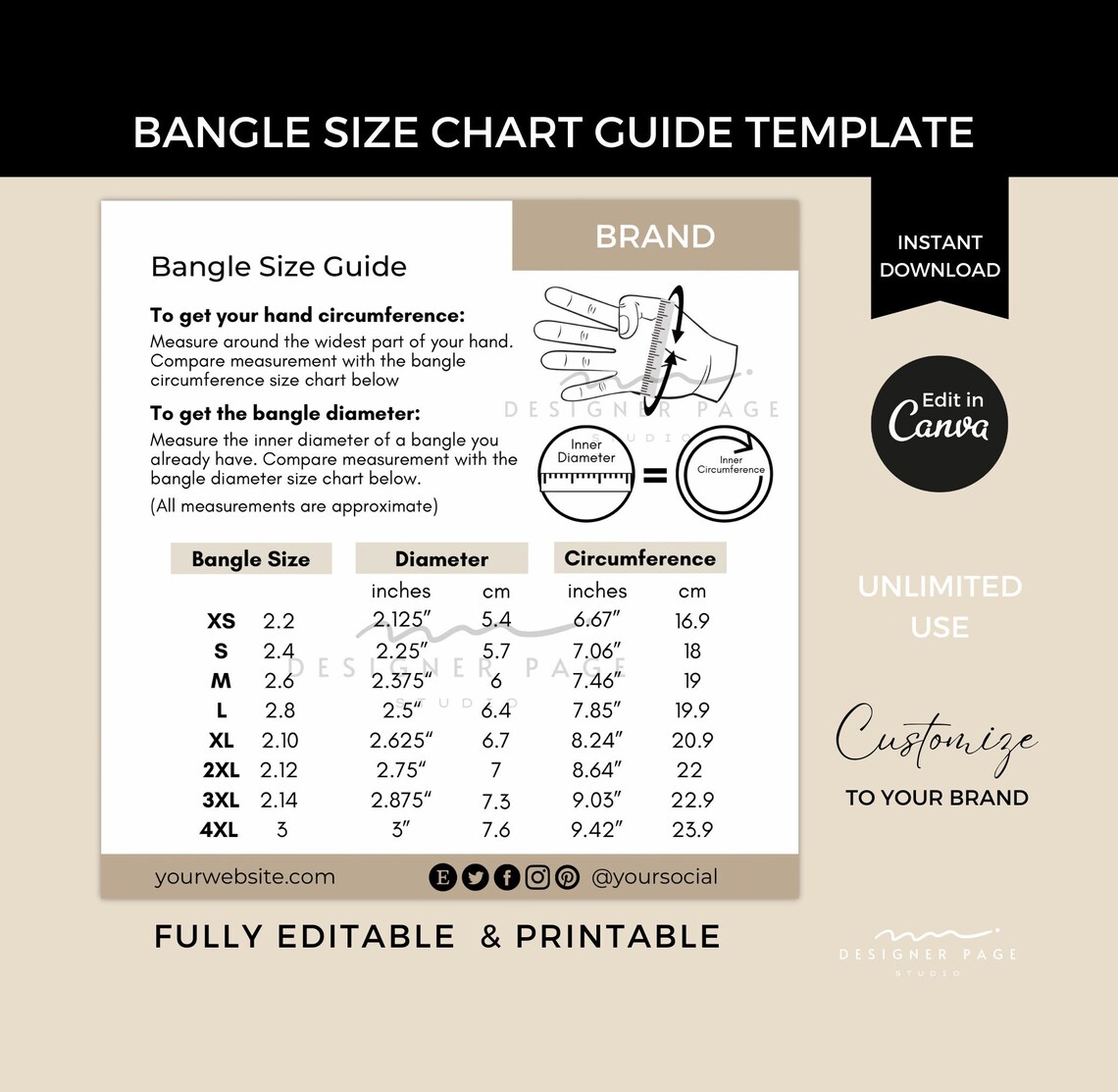 Editable Bangle Size Chart Template Canva, Printable Bracelet Size ...