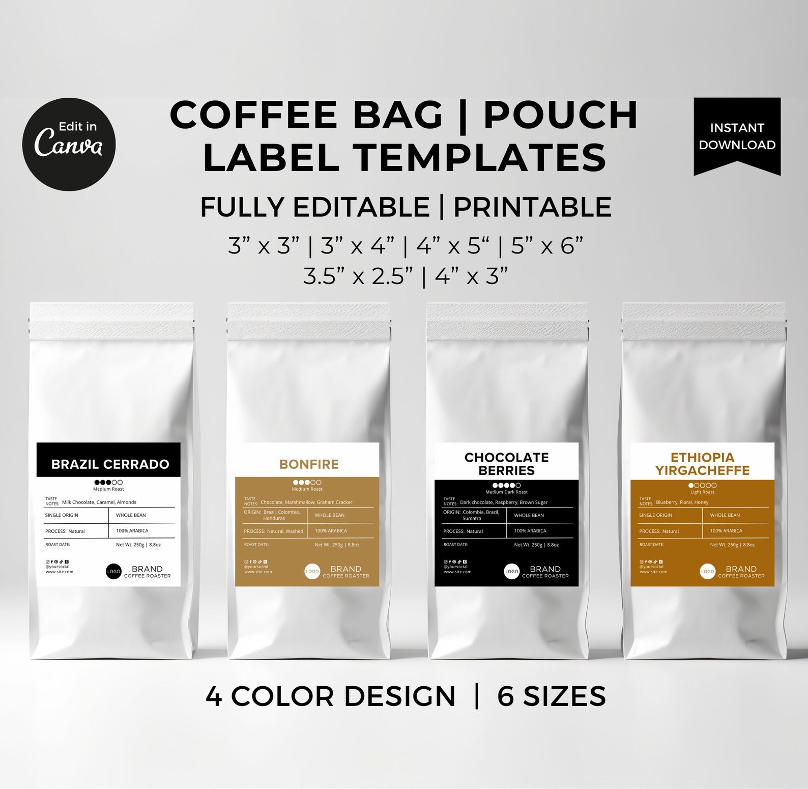 Coffee Bag Labels Template Editable Canva, Minimalist Coffee Pouch ...