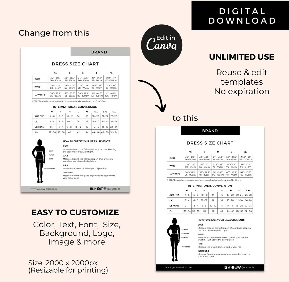 Editable Dress Size Chart Template Canva, Womens Dress Sizes Guide ...