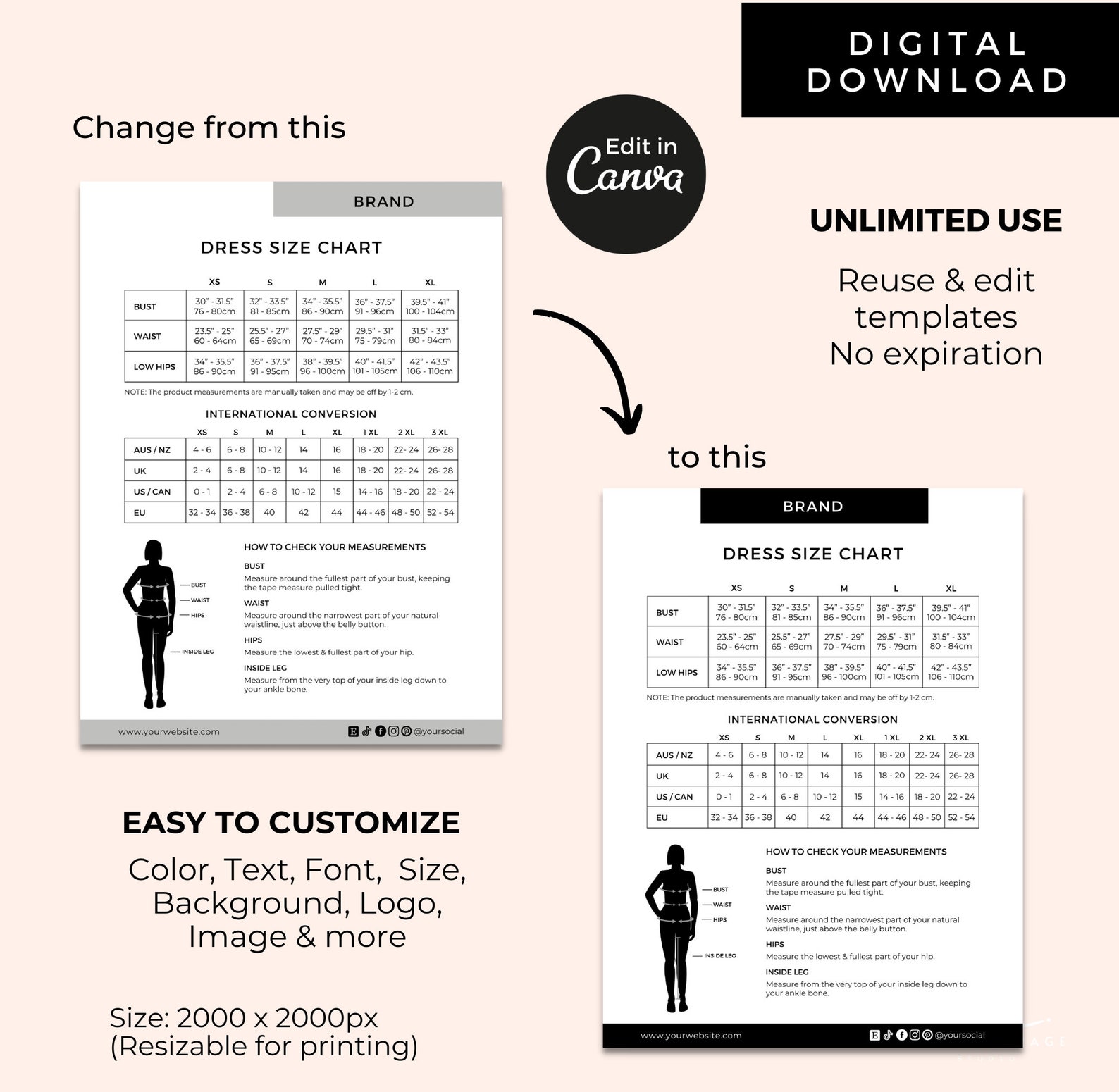 Editable Dress Size Chart Template Canva, Womens Dress Sizes Guide ...