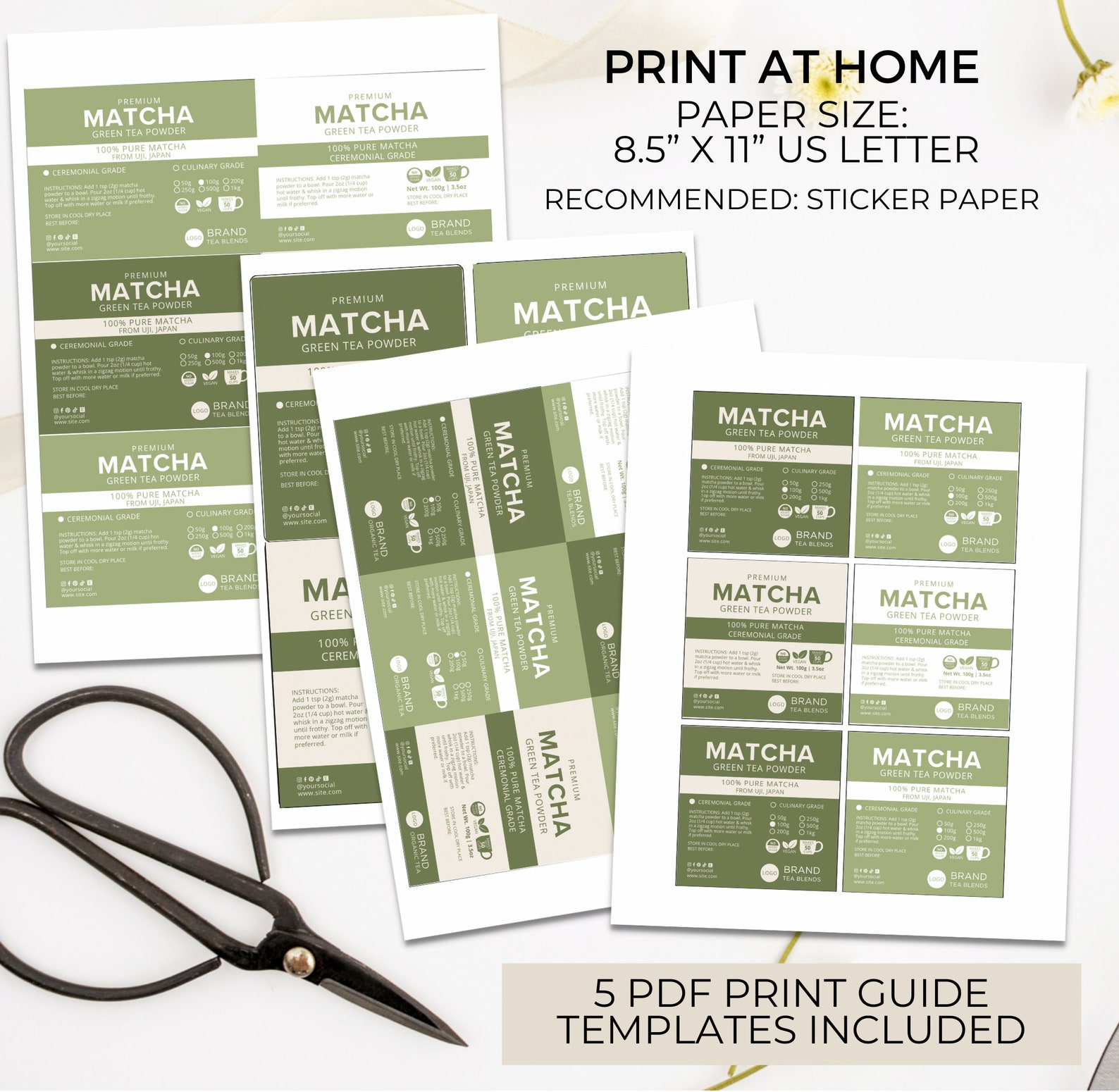 Matcha Tea Labels Template Editable Canva, Matcha Powder Tea Bag Label ...