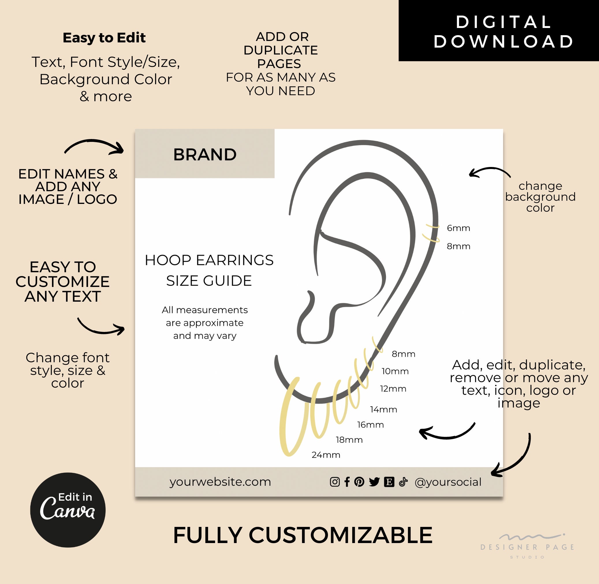 Editable Hoop Earrings Size Chart Template Canva, Printable Earrings ...