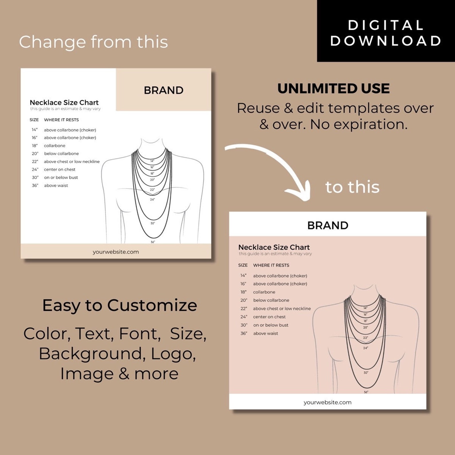 Necklace Size Chart Template Canva, Editable Jewelry Size Guide ...