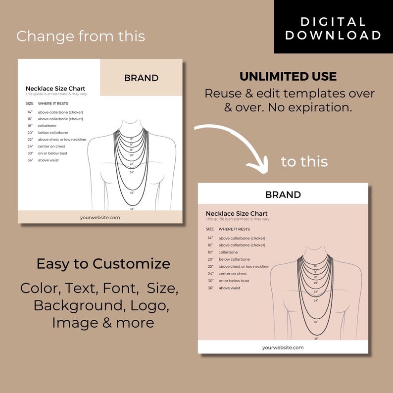 Necklace Size Chart Template Canva, Editable Jewelry Size Guide Set ...