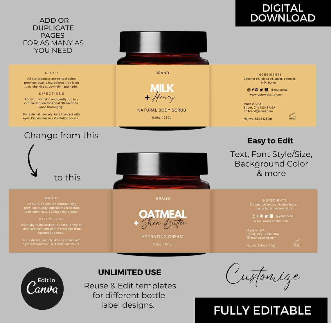 Editable Cosmetic Jar Label Template Canva, Printable Product Label ...