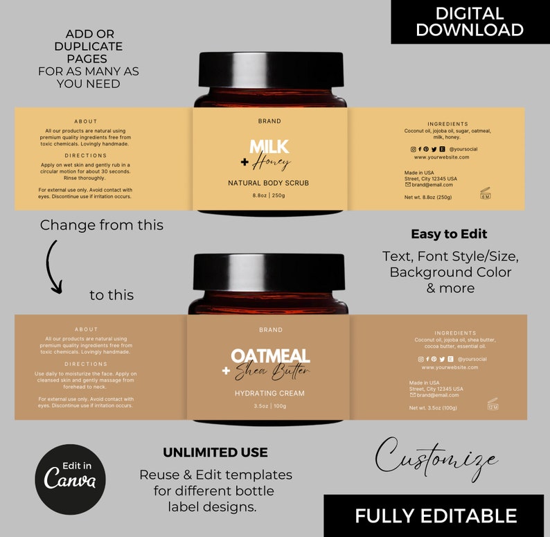 Editable Cosmetic Jar Label Template Canva, Printable Product Label ...