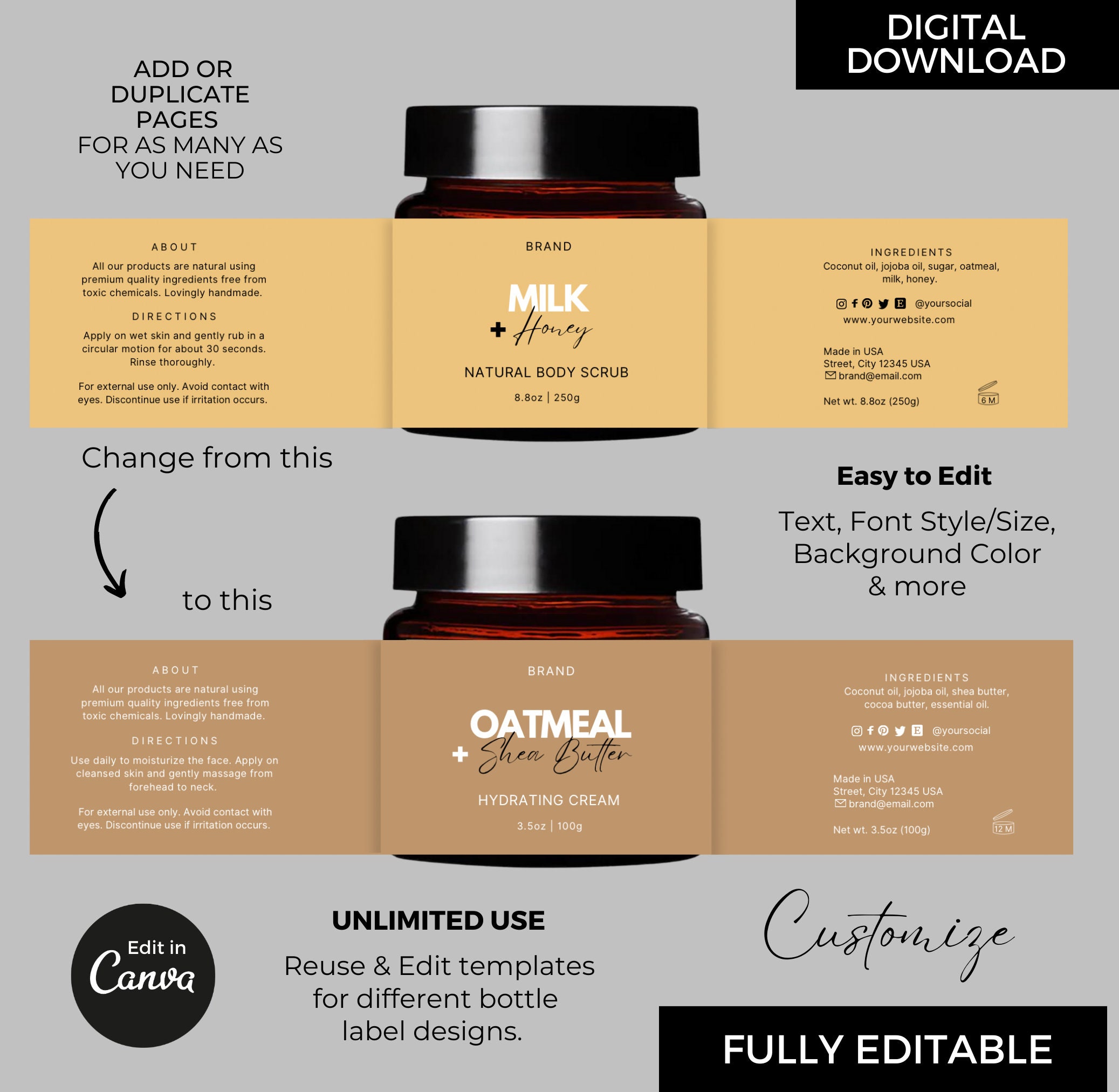 Editable Cosmetic Jar Label Template Canva, Printable Product Label ...