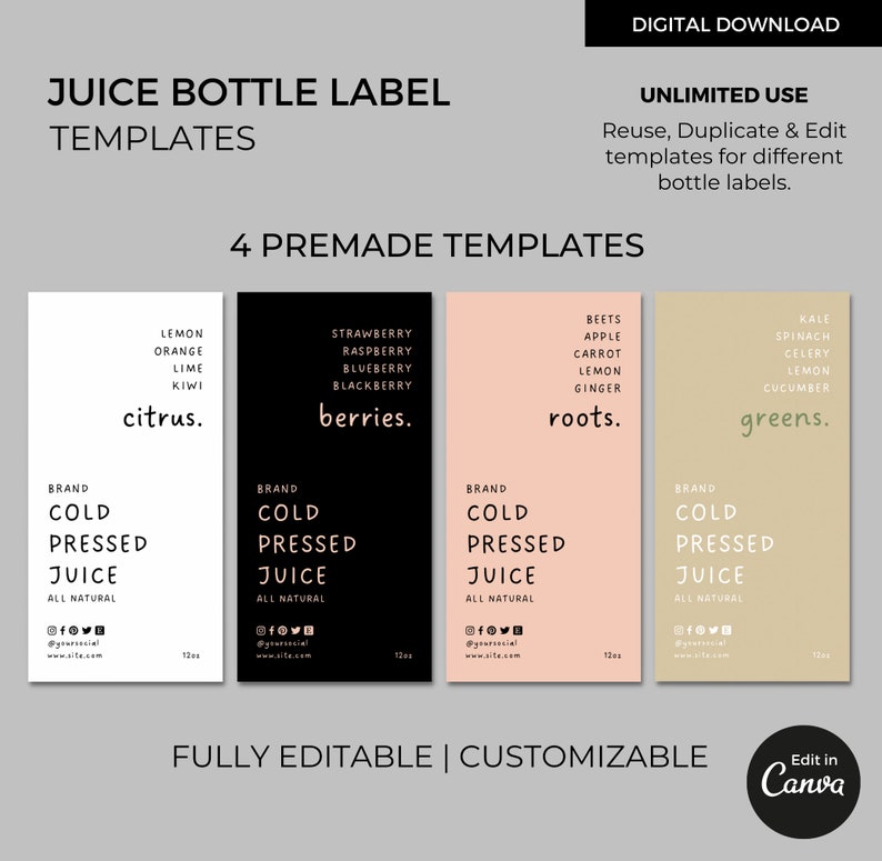 Editable Fruit Juice Bottle Labels Template Canva, Fresh Juice Label ...