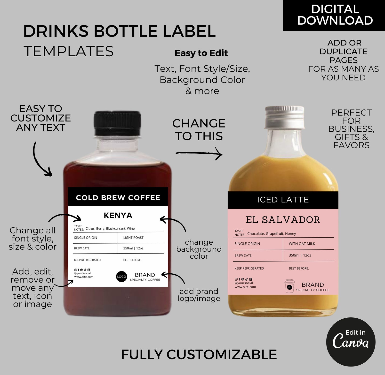 Cold Brew Coffee Bottle Labels Template Editable Canva, Juice Label ...