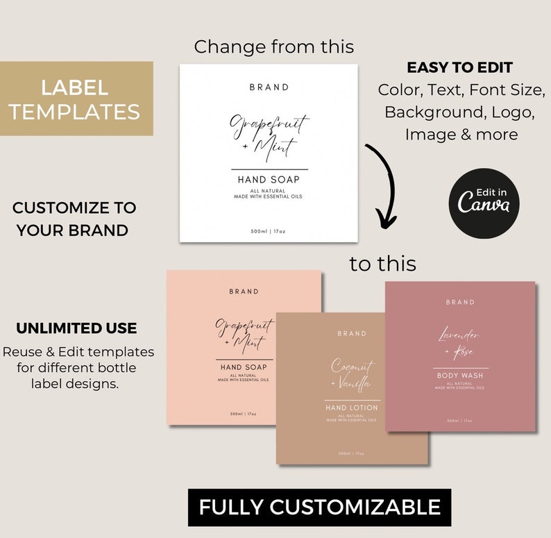 Editable Bottle Label Template Canva, Printable Bar Soap Labels, Modern ...