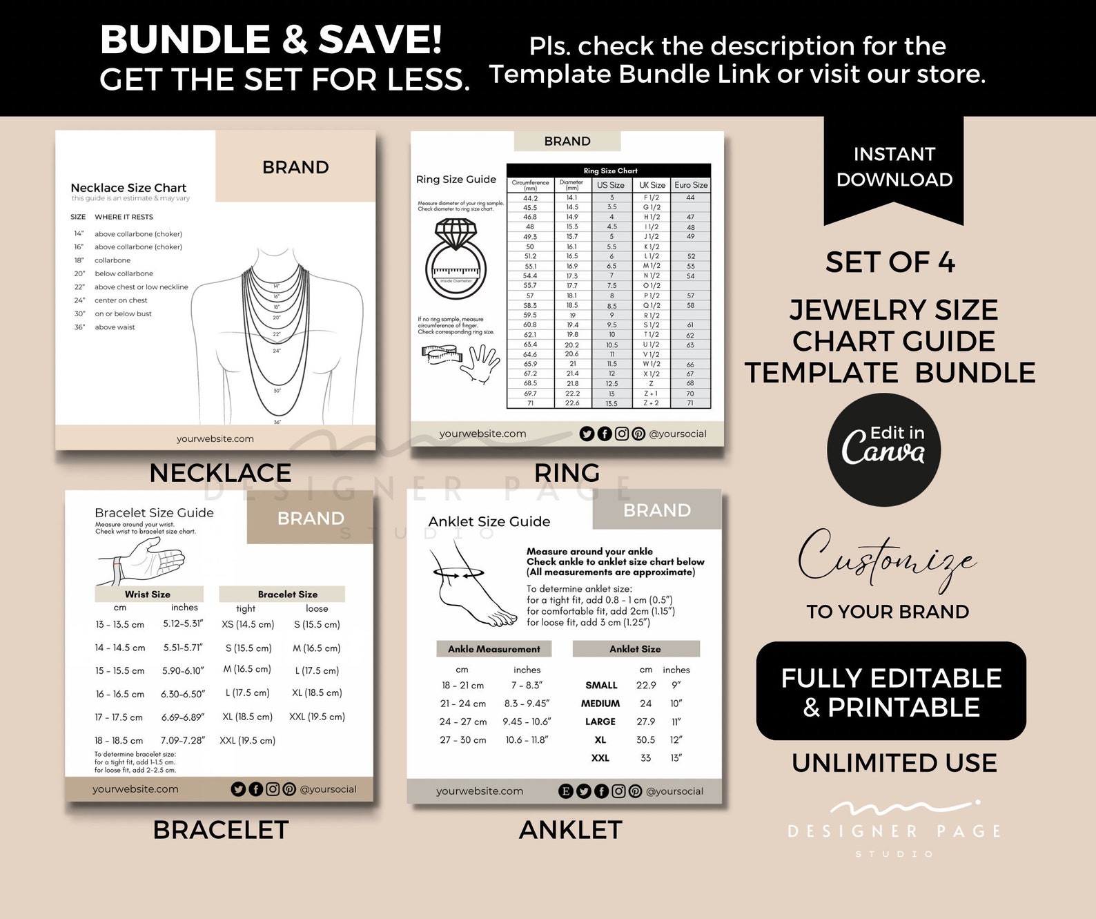 Editable Anklet Size Chart Template Canva, Printable Ankle Bracelet ...