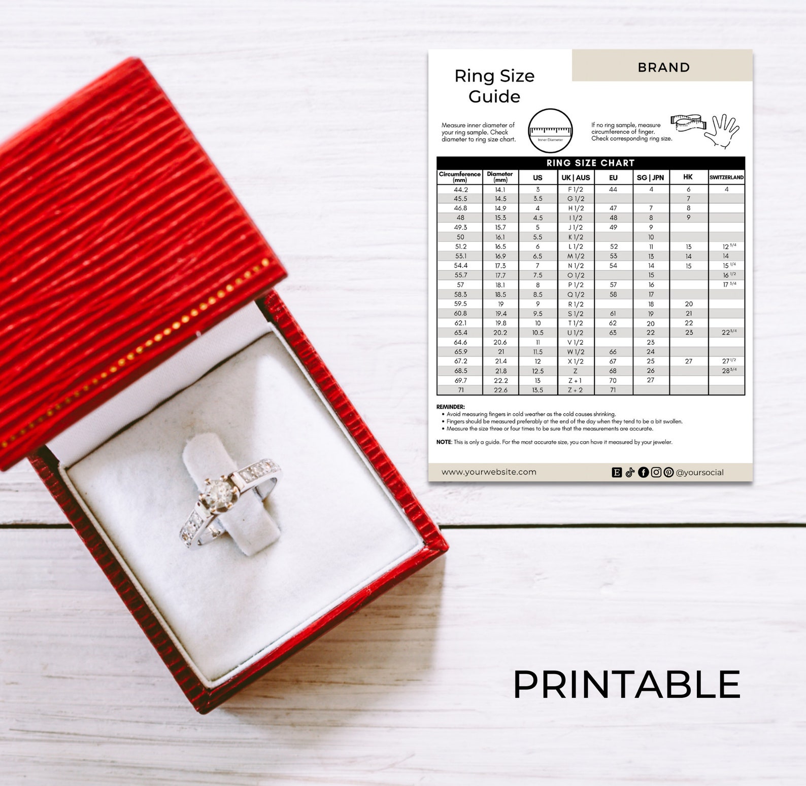 Editable Ring Size Chart Template Canva, Custom Ring Sizing Guide, Ring ...