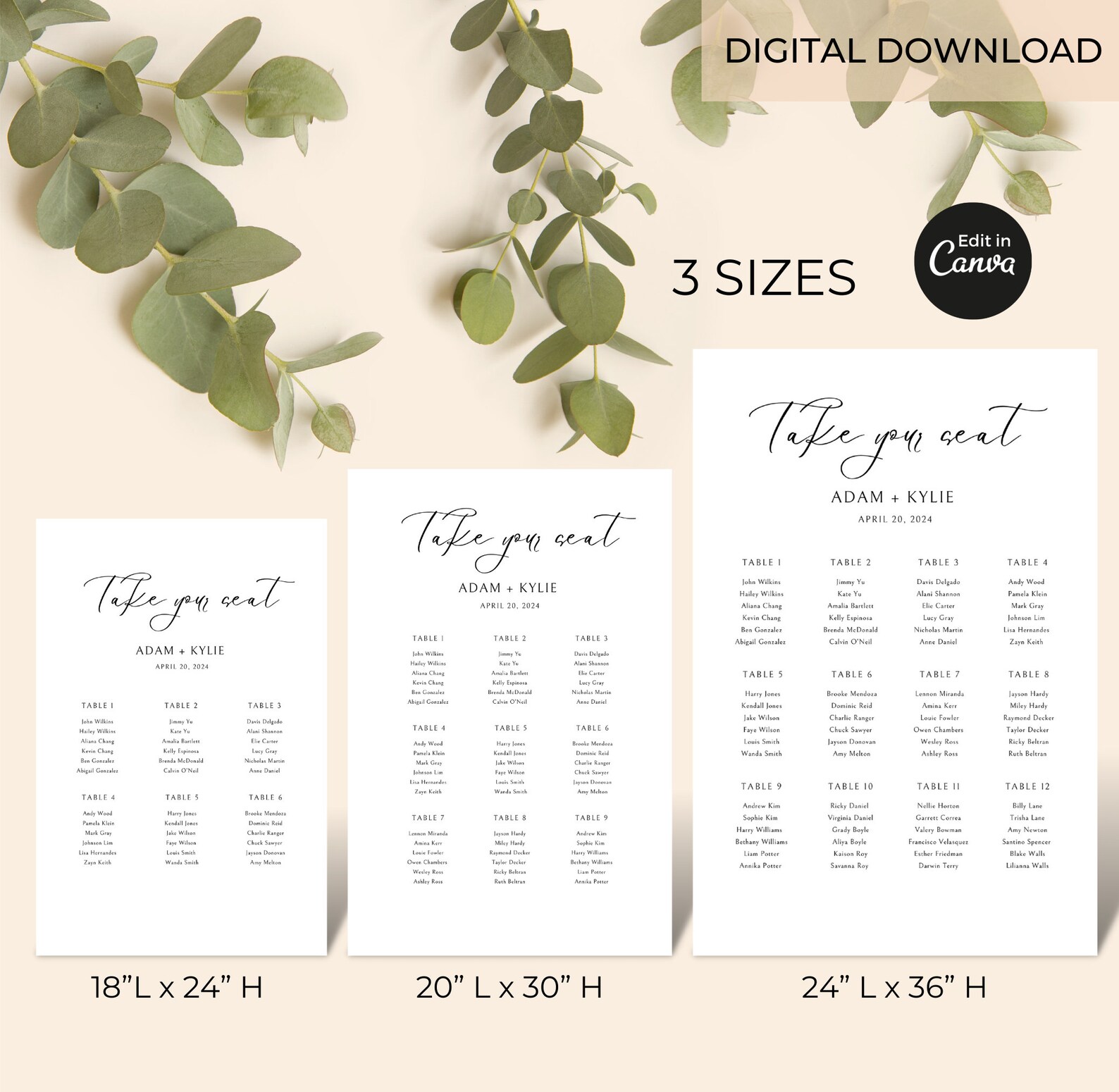 Editable Wedding Guest Seating Chart Template Canva, Printable Wedding ...