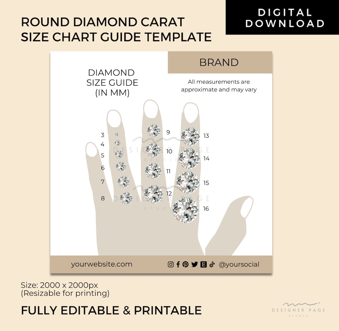 Diamond Size Guide Template Editable, Printable Round Diamond Stone ...
