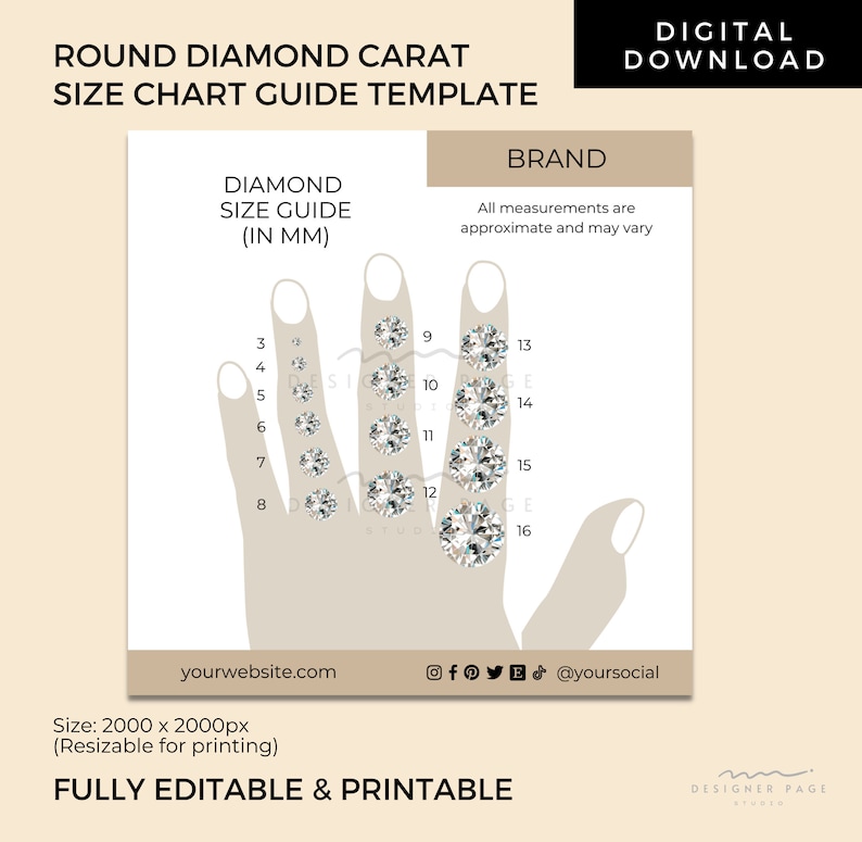 Diamond Size Guide Template Editable, Printable Round Diamond Stone ...
