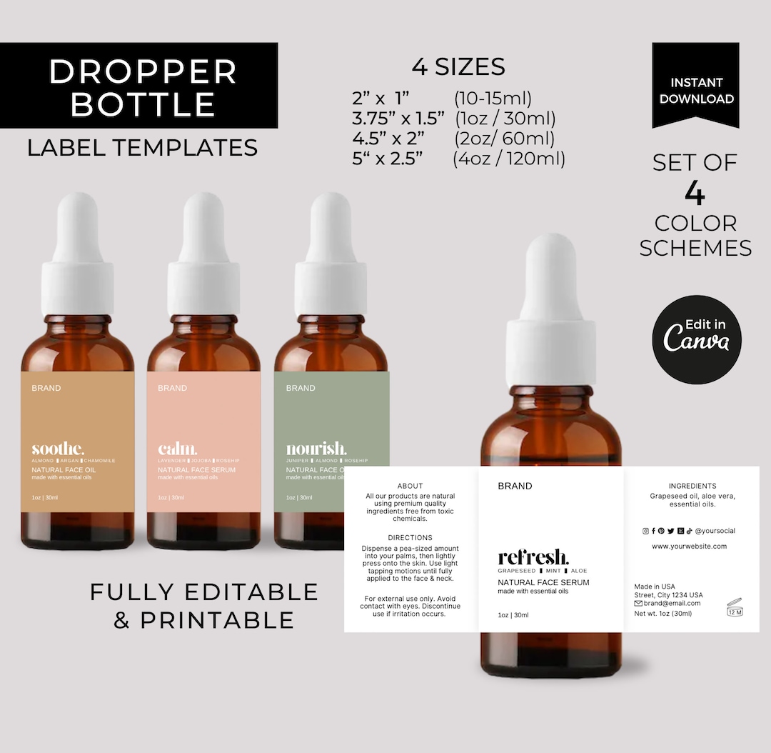 Minimalist Dropper Bottle Labels Template Editable Canva, Printable ...