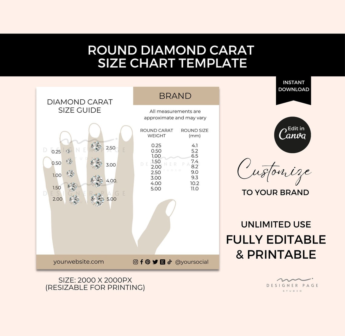 Editable Diamond Carat Size Chart Template Canva, Printable Round ...