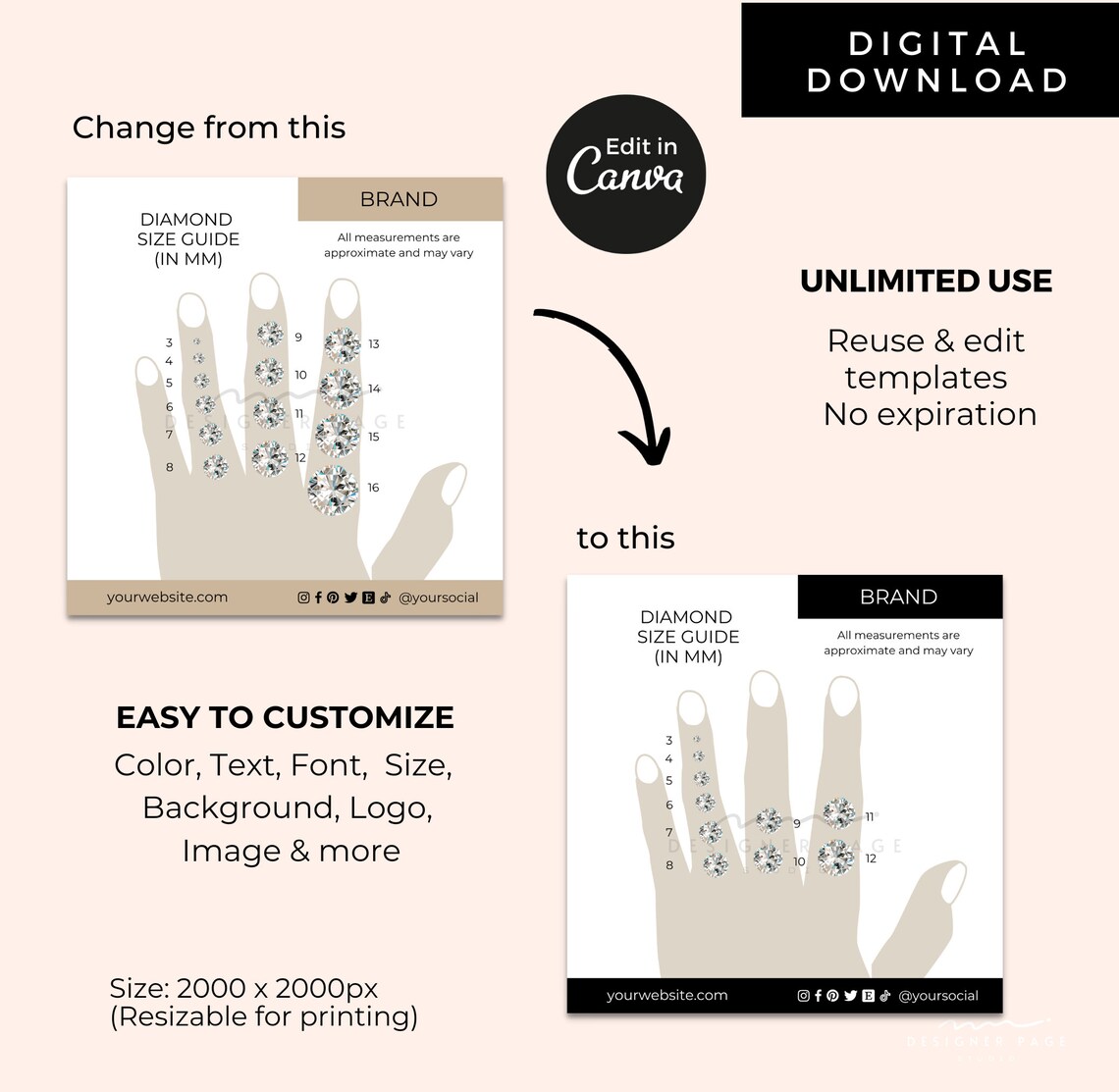 Diamond Size Guide Template Editable, Printable Round Diamond Stone ...