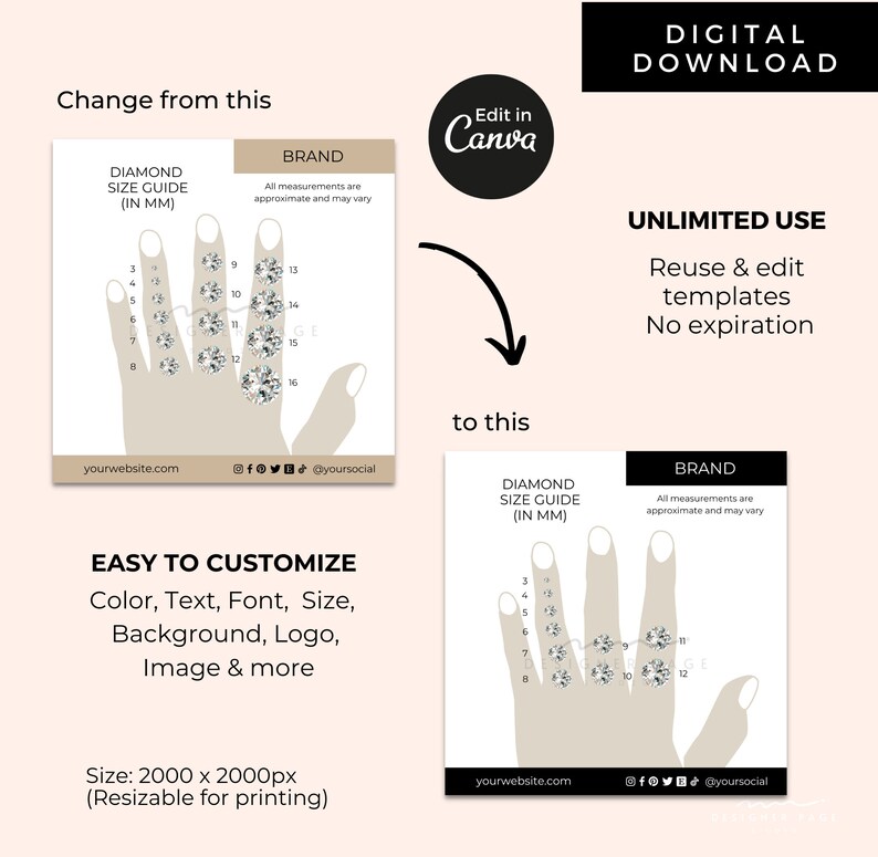 Diamond Size Guide Template Editable, Printable Round Diamond Stone ...