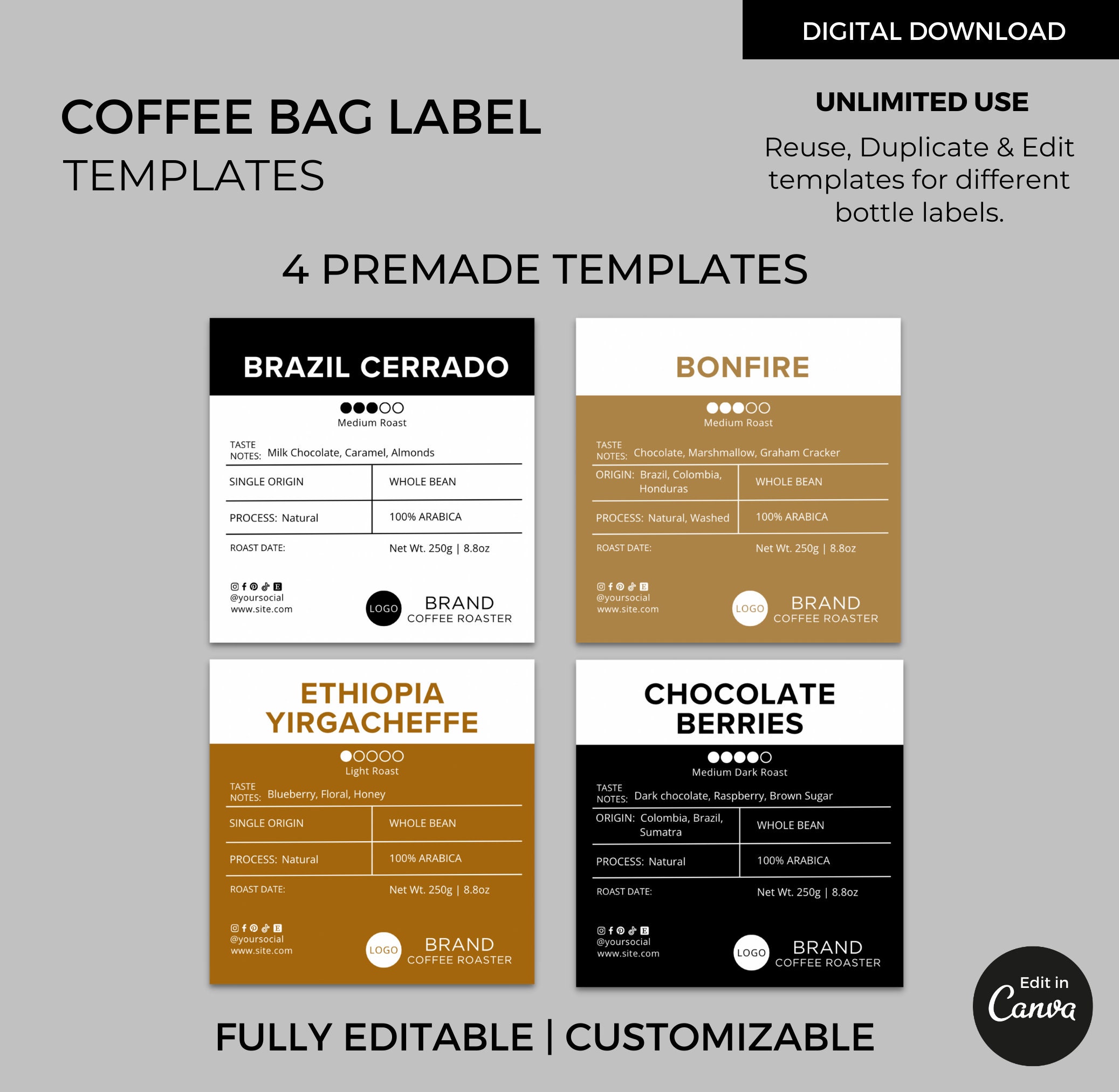 Coffee Bag Labels Template Editable Canva, Minimalist Coffee Pouch ...