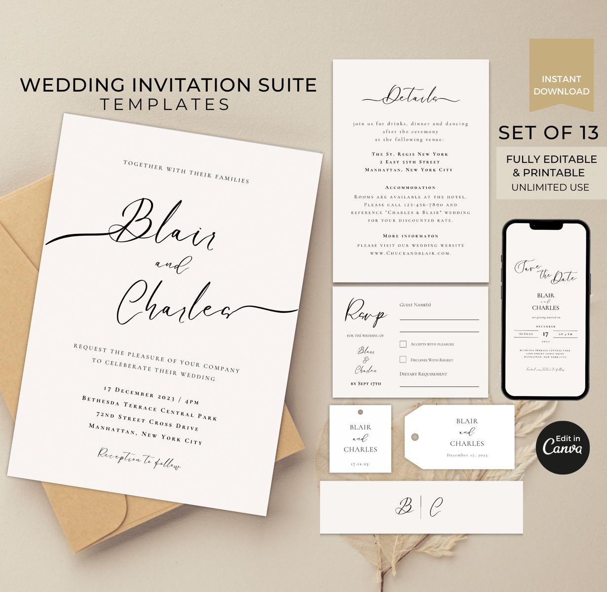 Editable Wedding Invitation Card Suite Template Canva, Digital ...